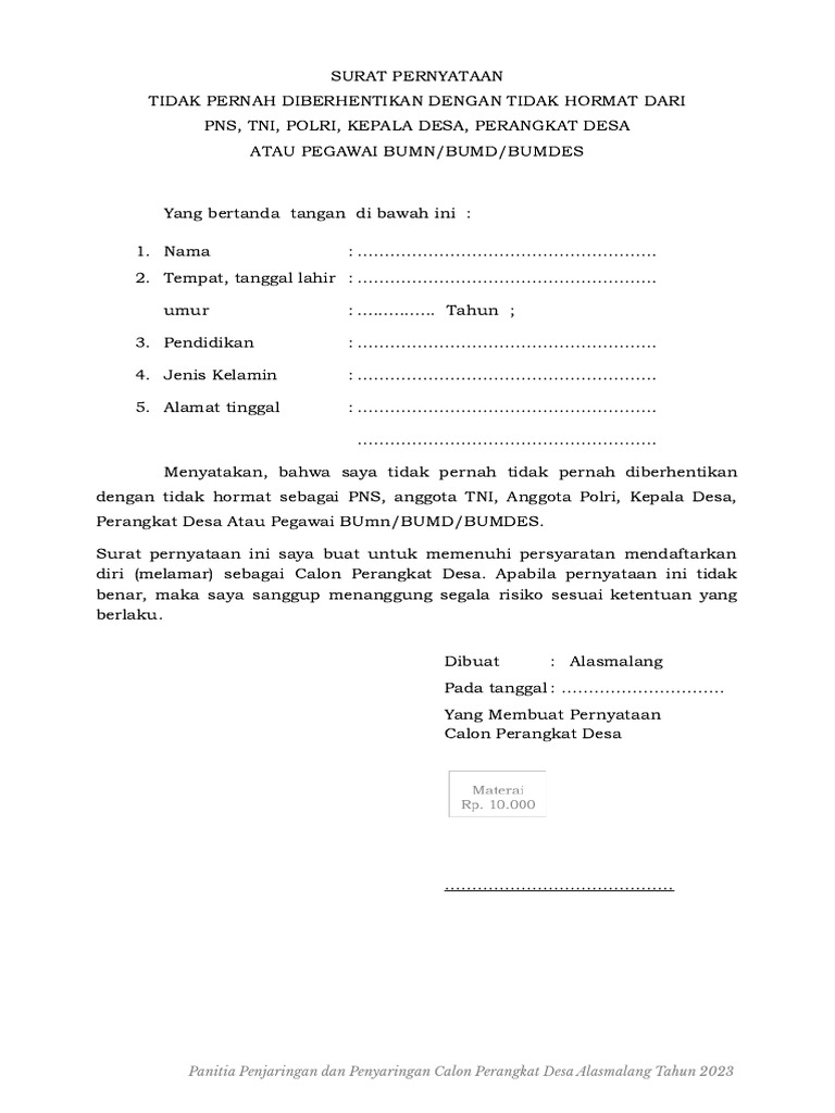 Pernyataan Tidak Pernah Diberhentikan Secara Tidak Hormat | PDF