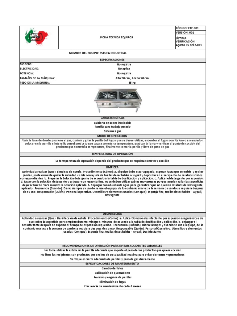 Fichas Tecnicas EQUIPOS | PDF | Agua | Estufa de cocina