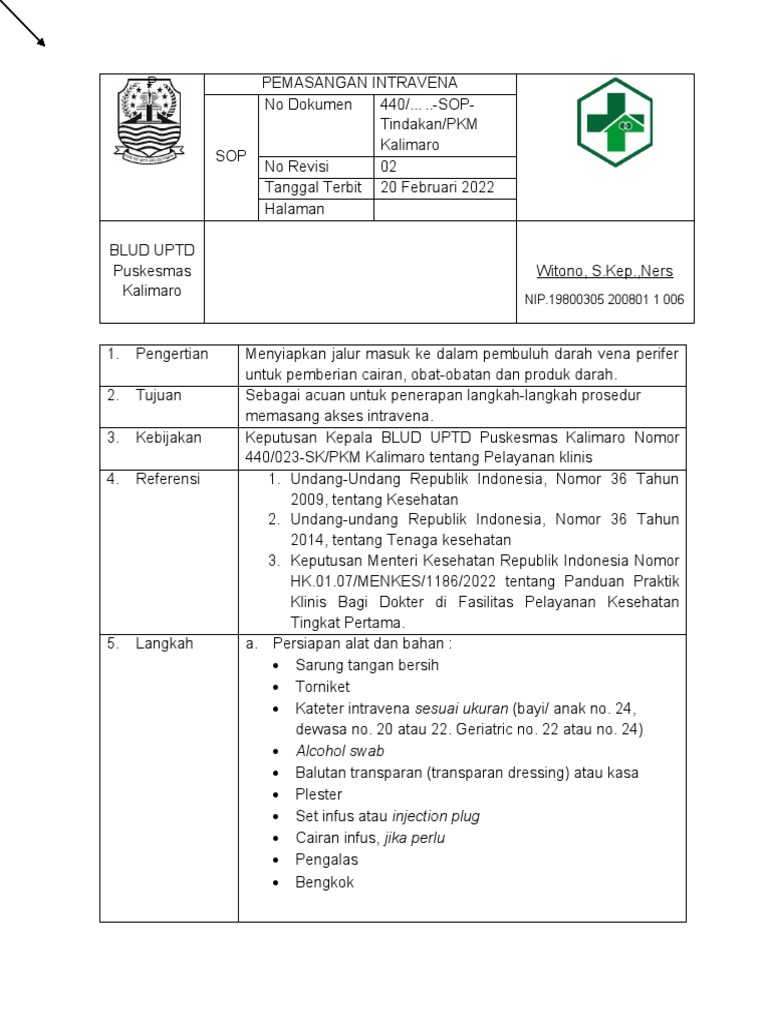 SOP Pemasangan Intravena | PDF | Teknologi & Rekayasa