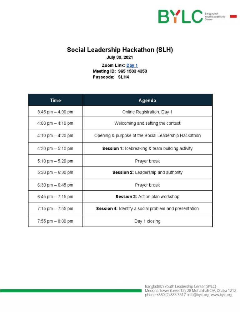 Social Leadership Hackathon (SLH), Agenda | PDF