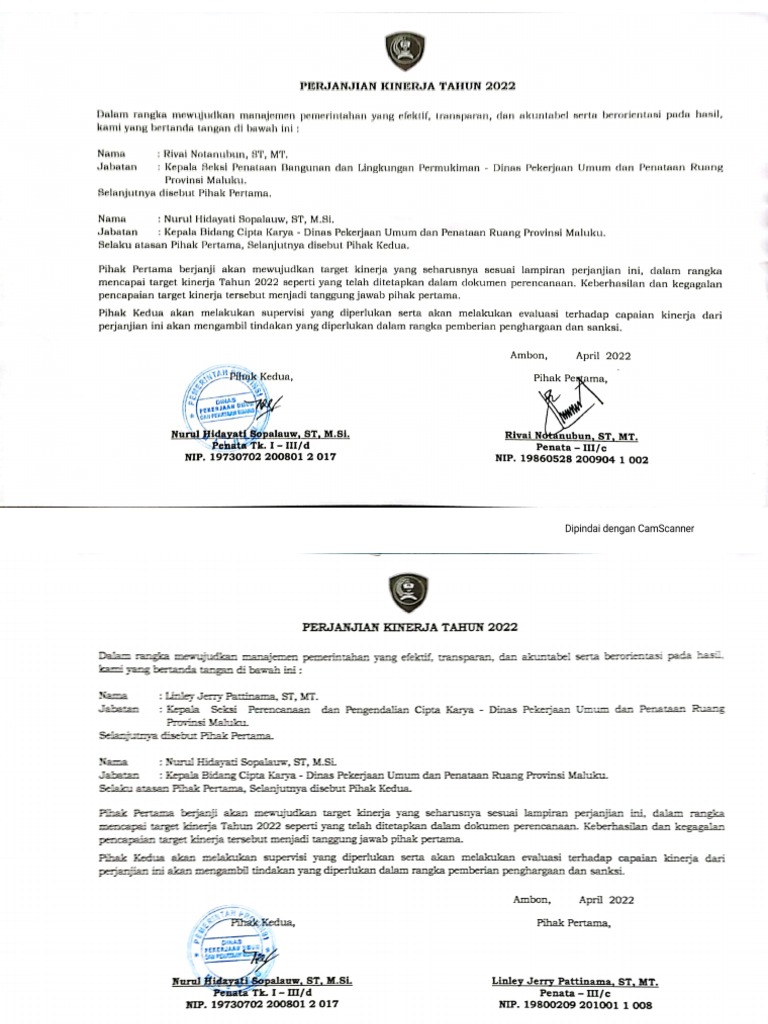 Perjanjian Kinerja Es. IV DPUPR 2022 Okk | PDF