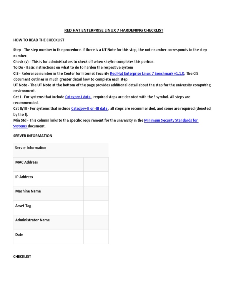 Red Hat Enterprise Linux 7 Hardening Checklist | PDF | Secure Shell | Password
