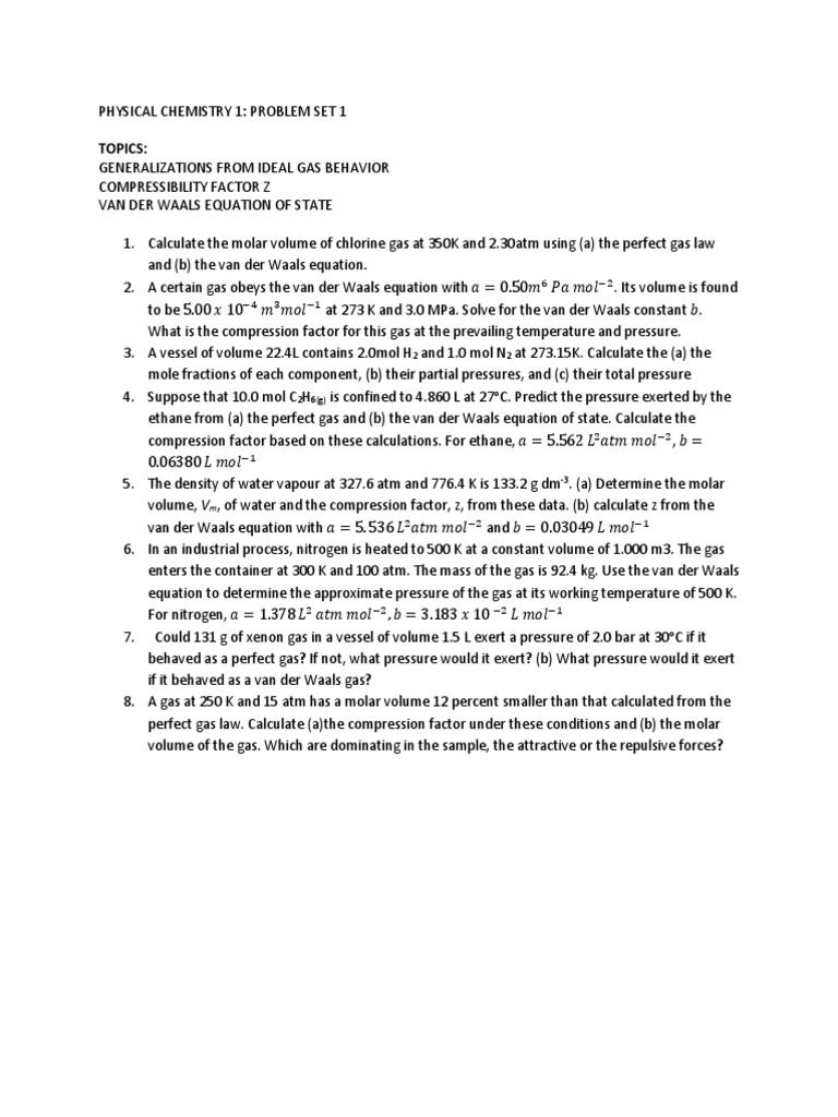 PHYSICAL CHEMISTRY 1 Problem Set 1 | PDF