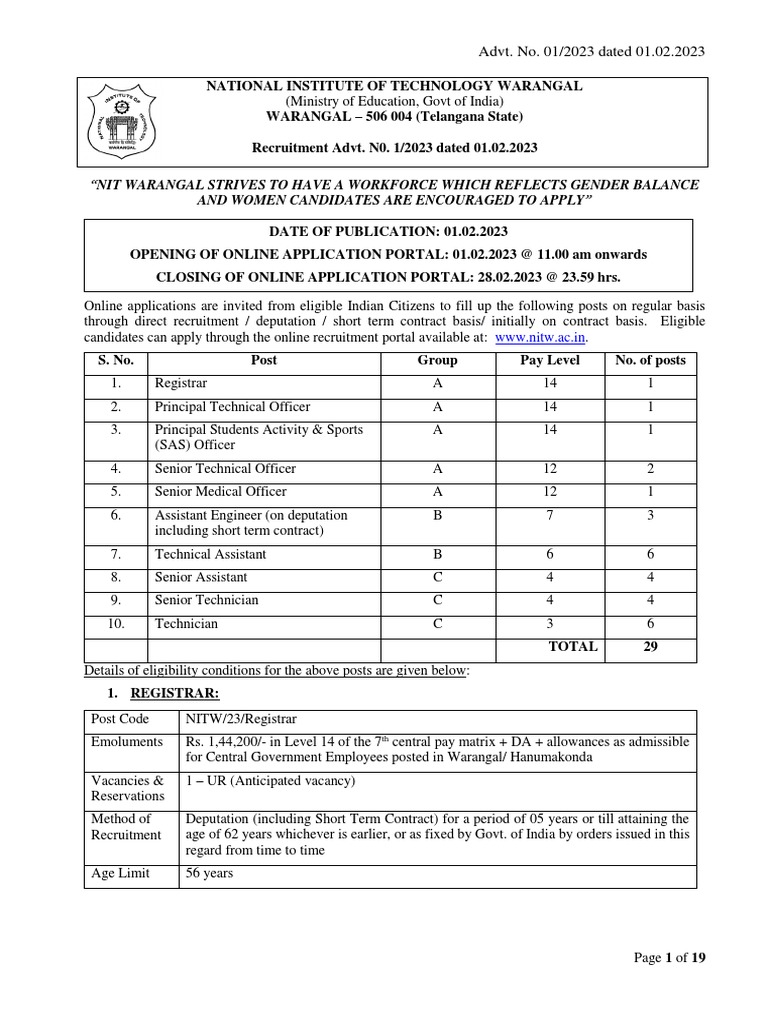 NIT Warangal Job Openings | PDF | Multiple Choice | Recruitment