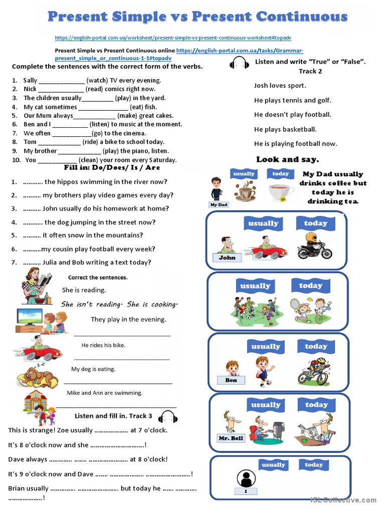 Present Simple Vs Present Continuous+ Listening and Speaking Activities ...