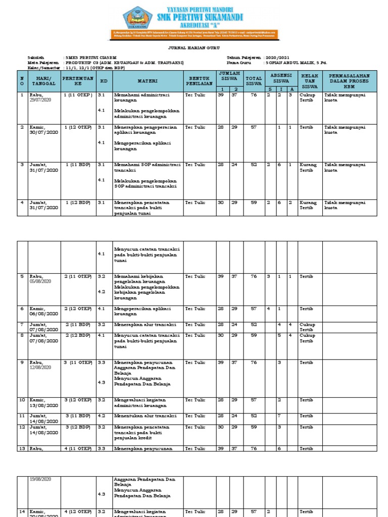 1.6. Jurnal Guru Okt 20 | PDF | Pengelolaan Keuangan & Uang