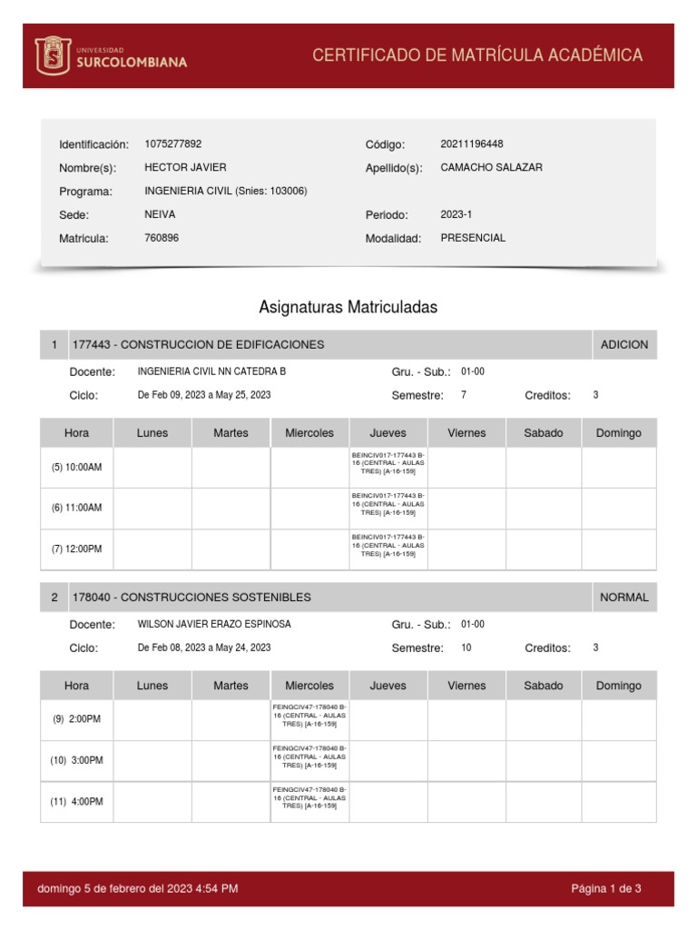 Certificado de Matrícula Académica: Asignaturas Matriculadas | PDF