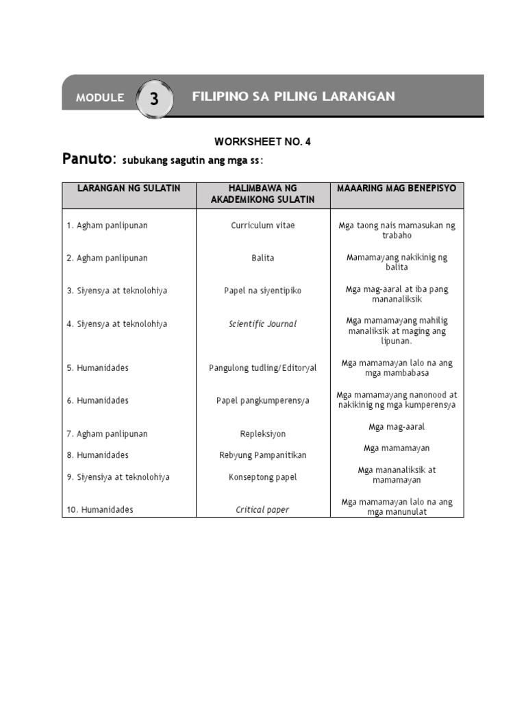 Q1 - SW4 - Filipino Sa Piling Larangan | PDF