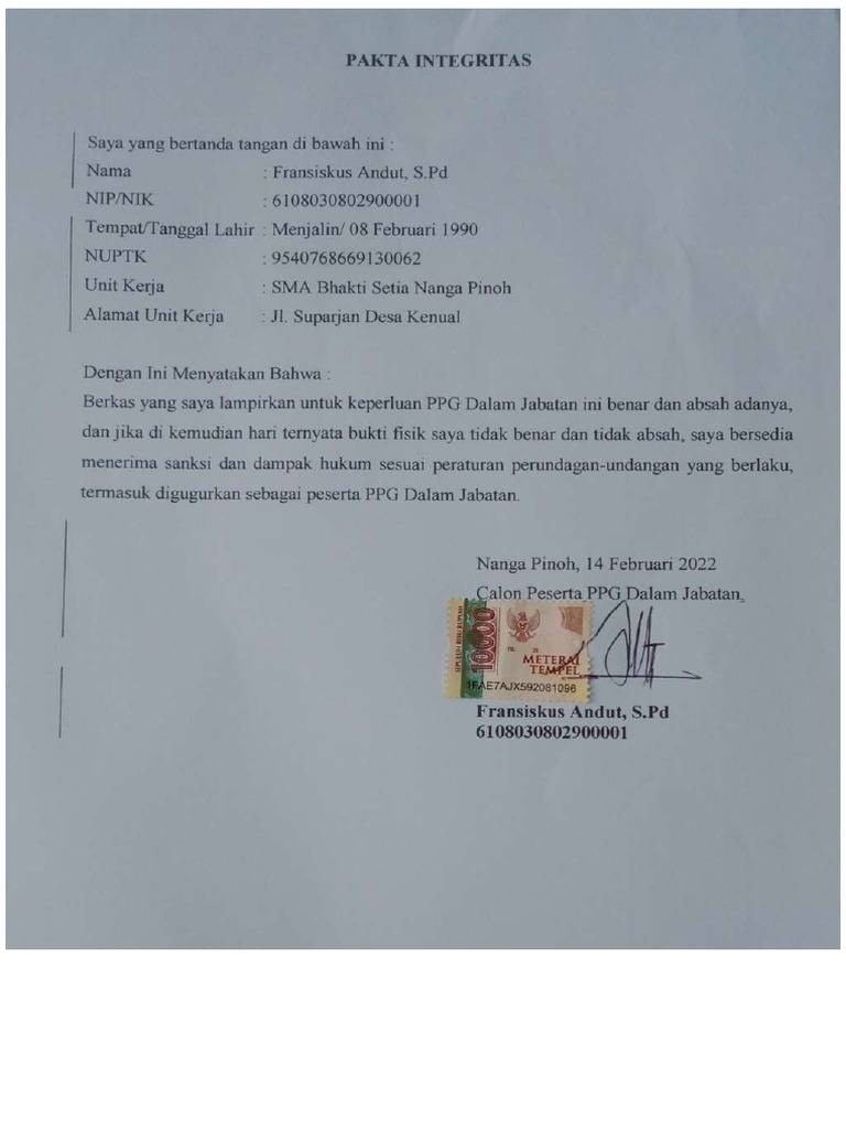 Contoh Pakta Integritas PPG | PDF