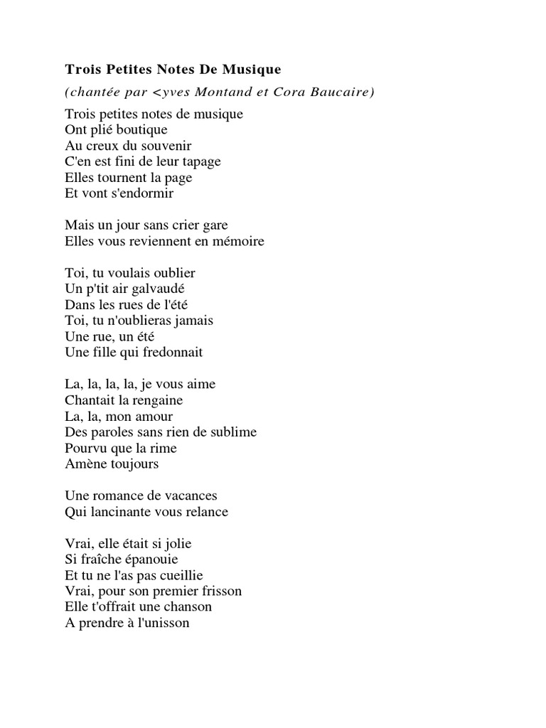 Trois Petites Notes de Musique Paroles | PDF