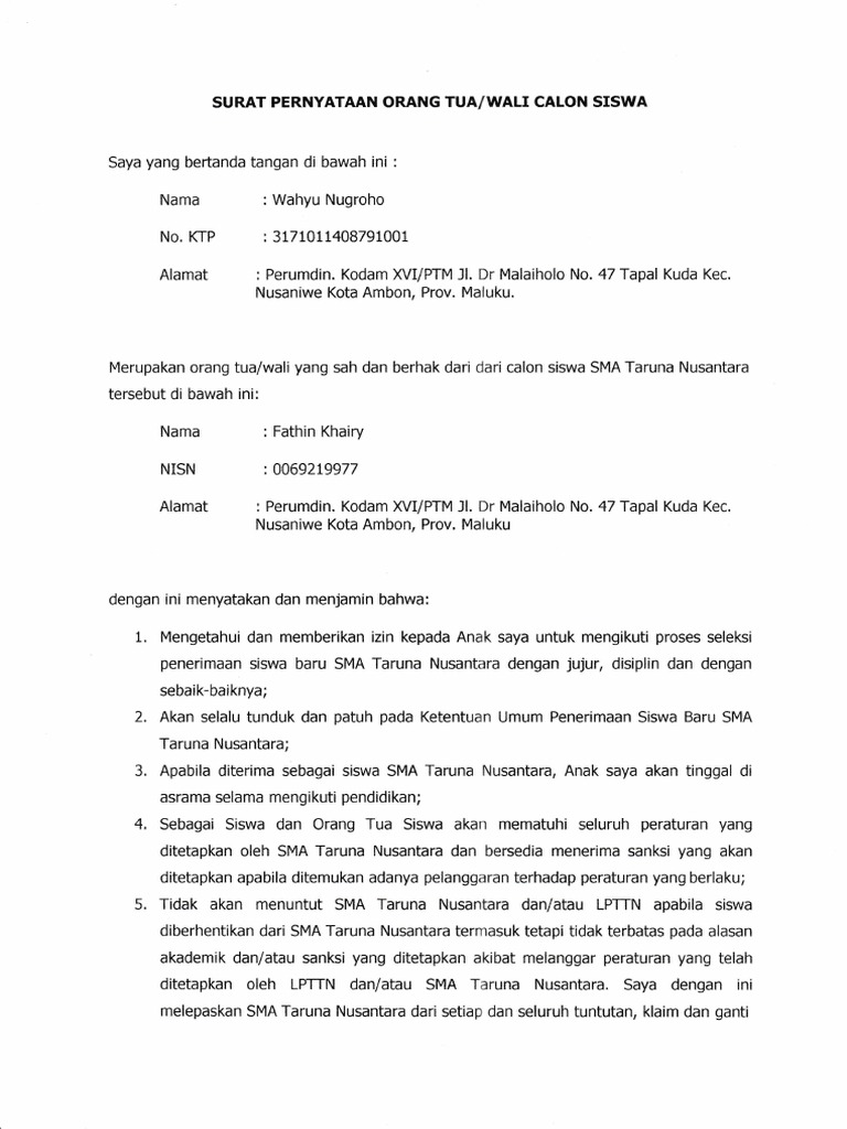 12.surat Pernyataan Pernyataan Orang Tua Casis | PDF | Gaya Hidup