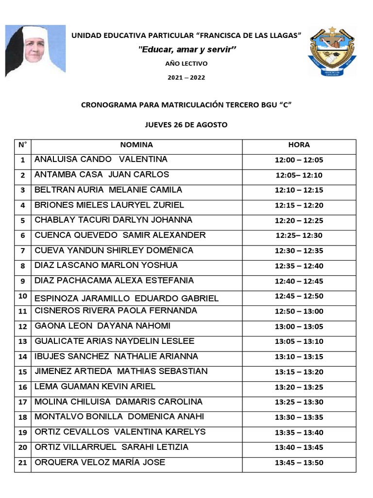 Cronograma para Matriculacion Segundo Bgu C | PDF