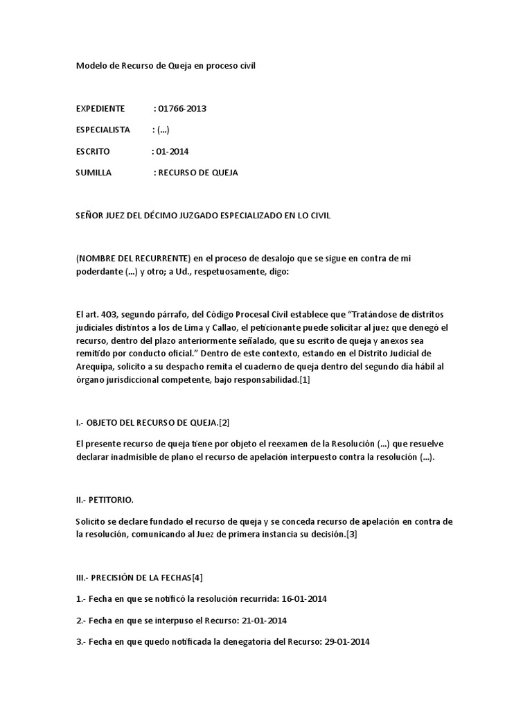 Modelo de Recurso de Queja en Proceso Civil | PDF | Apelación | Esfera pública