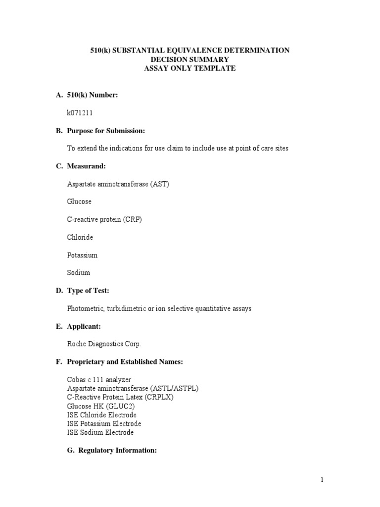 510 (K) Substantial Equivalence Determination Decision Summary Assay ...
