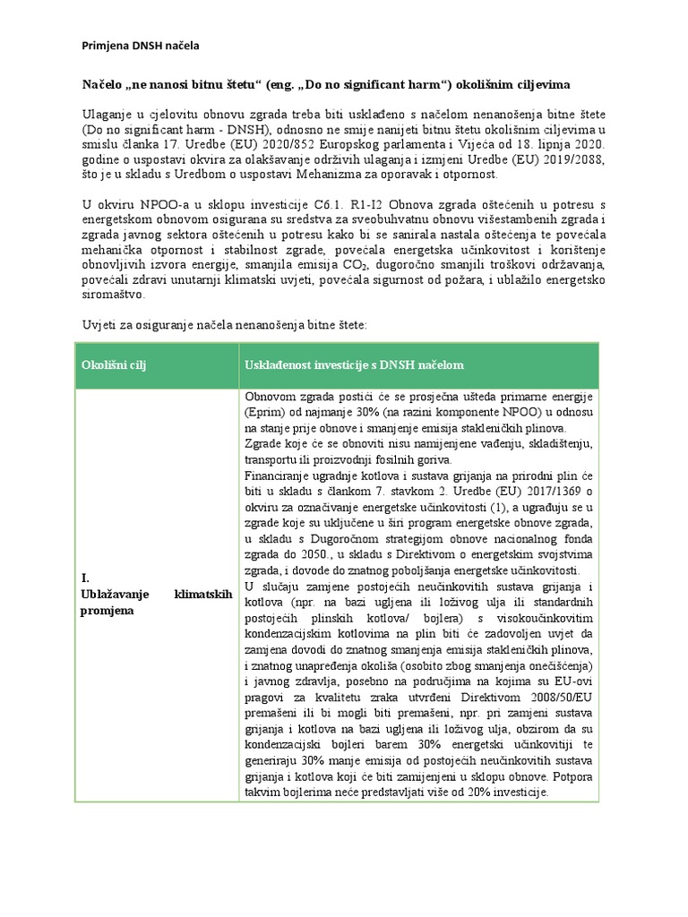 Prilog 5 - Primjena DNSH Nacela | PDF