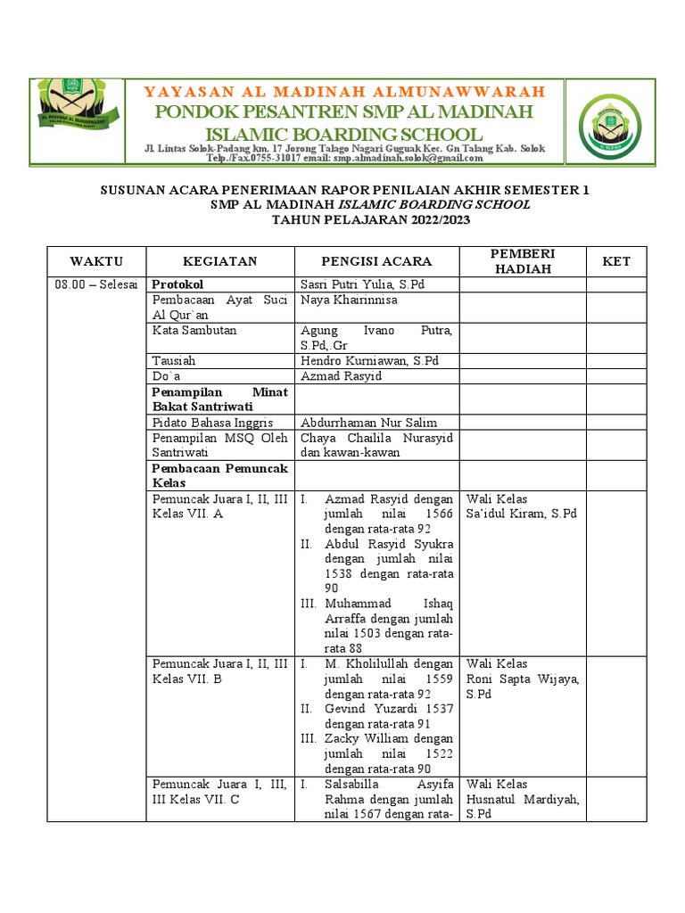 Susunan Acara Penerimaan Raport SMP | PDF