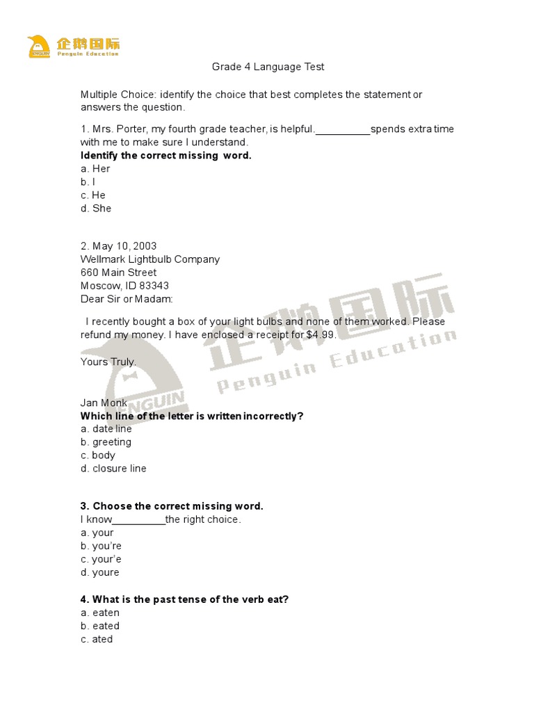 Grade 4 Language Test | PDF | Part Of Speech | Semantic Units