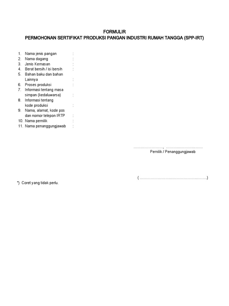 Formulir SPP-IRT untuk Sertifikat Pangan | PDF | Bisnis | Hukum