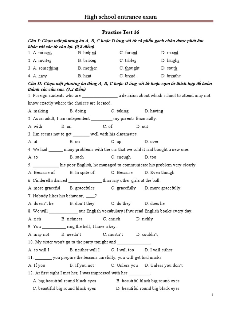 High School Entrance Exam Practice Test 16 | PDF