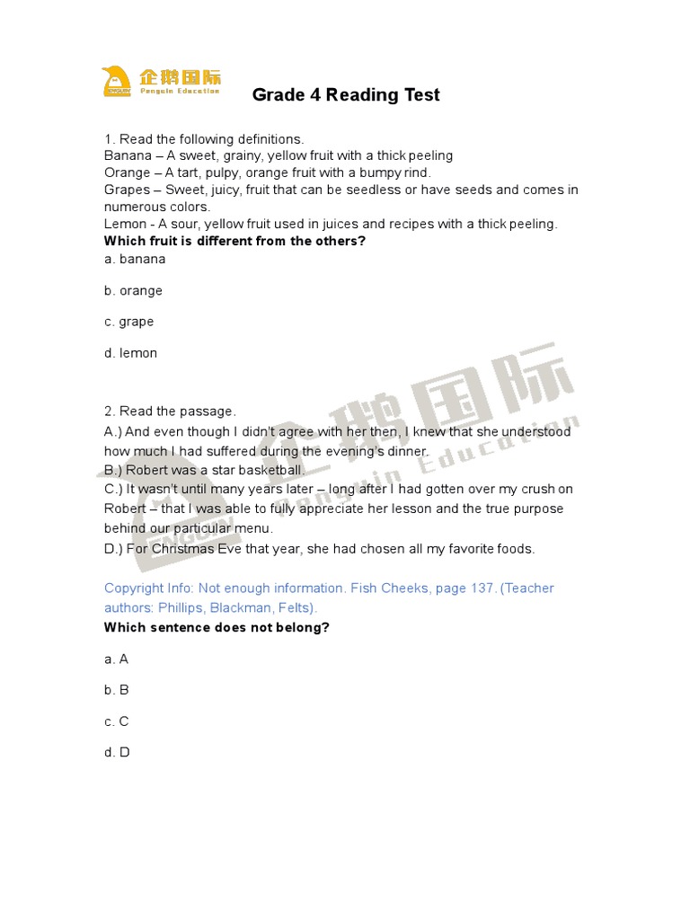 Grade 4 Reading Test | PDF | Orange (Fruit) | Fruit