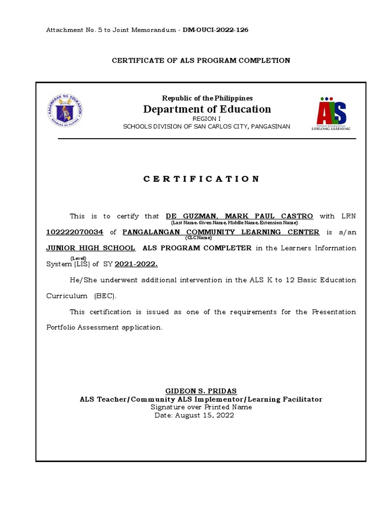 Attachment No. 5 Certificate of Additional Learning Intervention | PDF