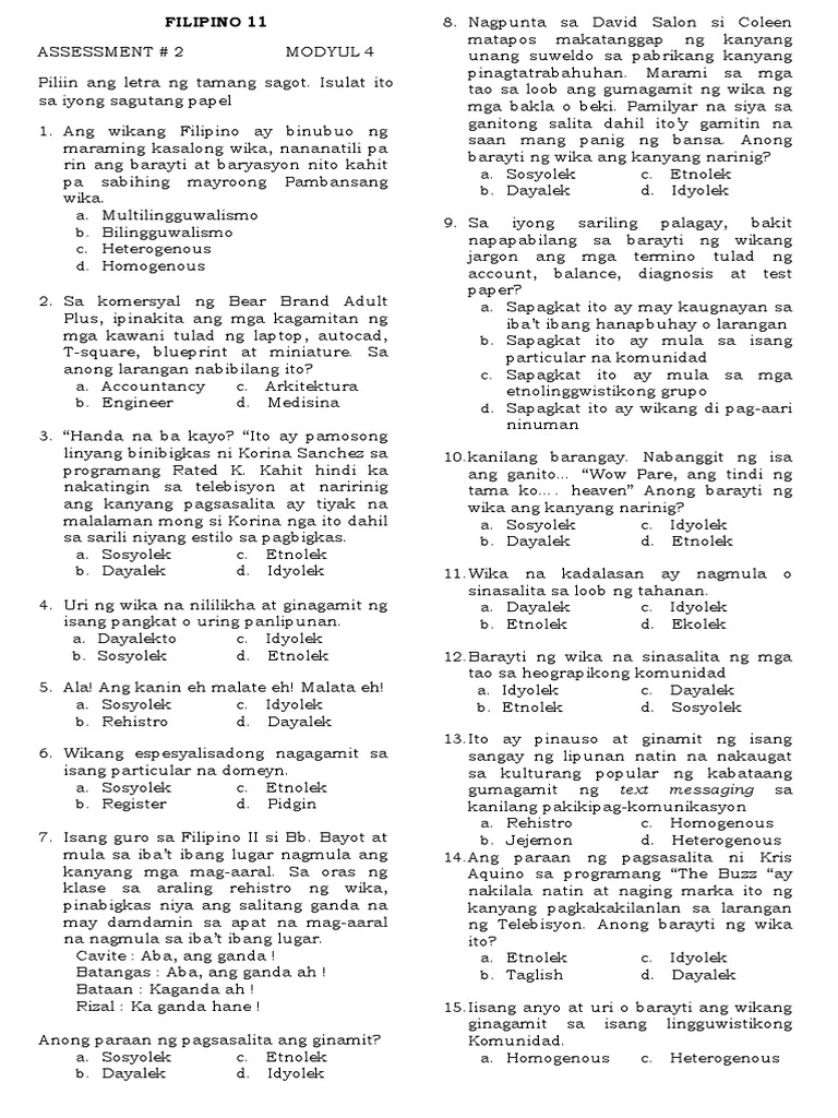 Filipino 11 Assessment 1 | PDF