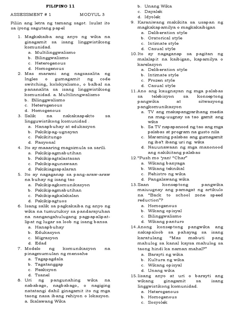 Filipino 11 Assessment 2 | PDF