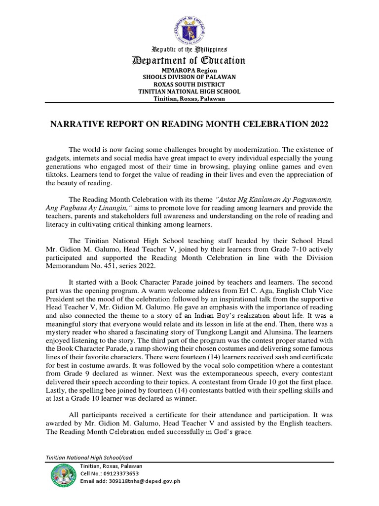 TINITIAN NHS Reading Month Report | PDF | Behavior Modification ...