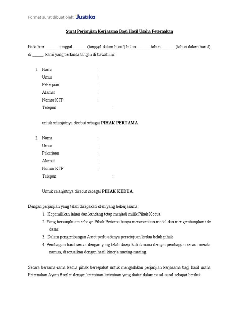 Perjanjian Kerjasama Bagi Hasil Usaha Peternakan | PDF