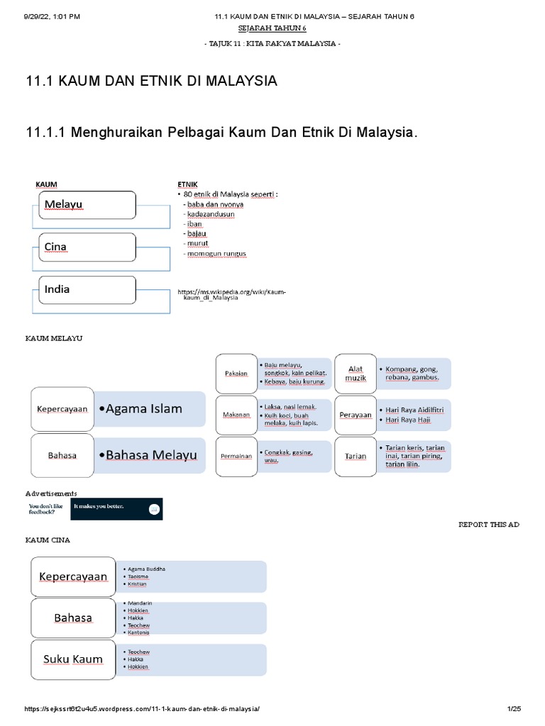 11.1 Kaum Dan Etnik Di Malaysia - Sejarah Tahun 6 | PDF