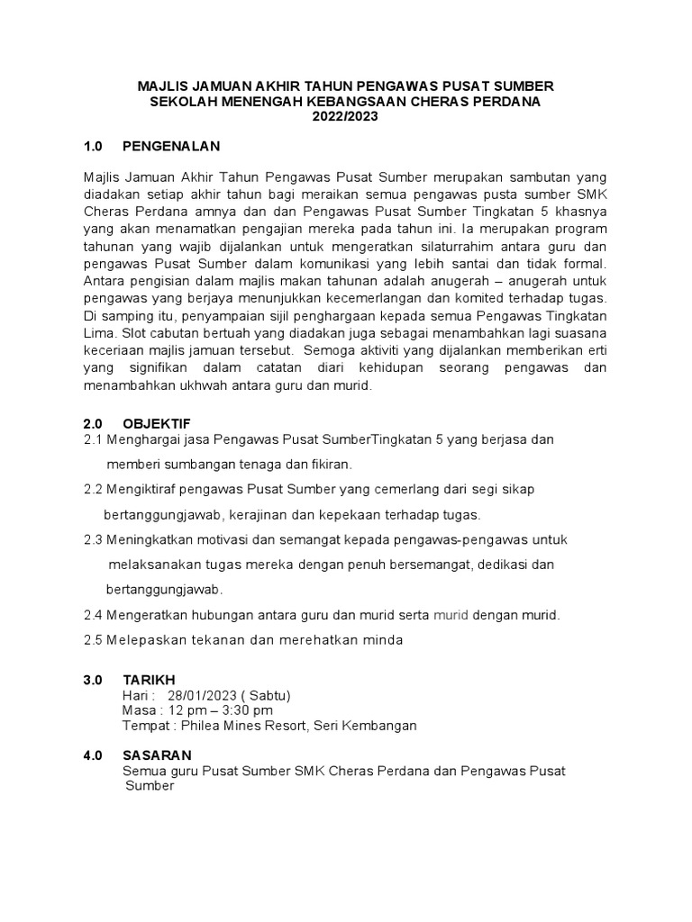 Kertas Kerja Jamuan PPS 2022 | PDF