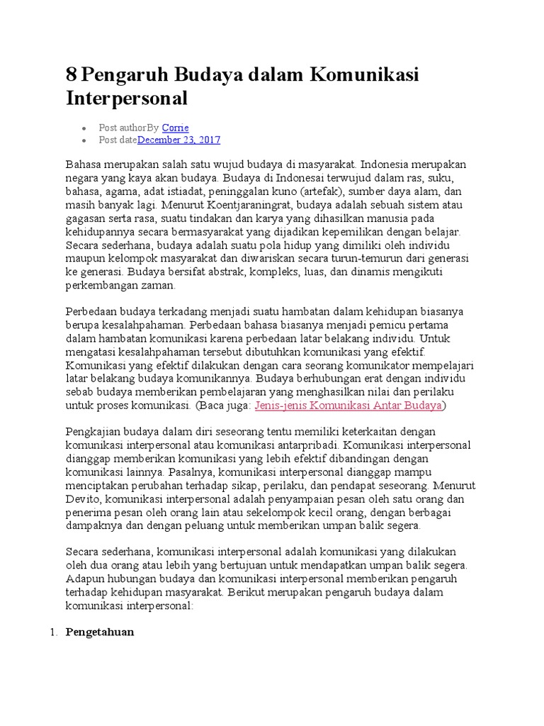 8 Pengaruh Budaya Dalam Komunikasi Interpersonal | PDF