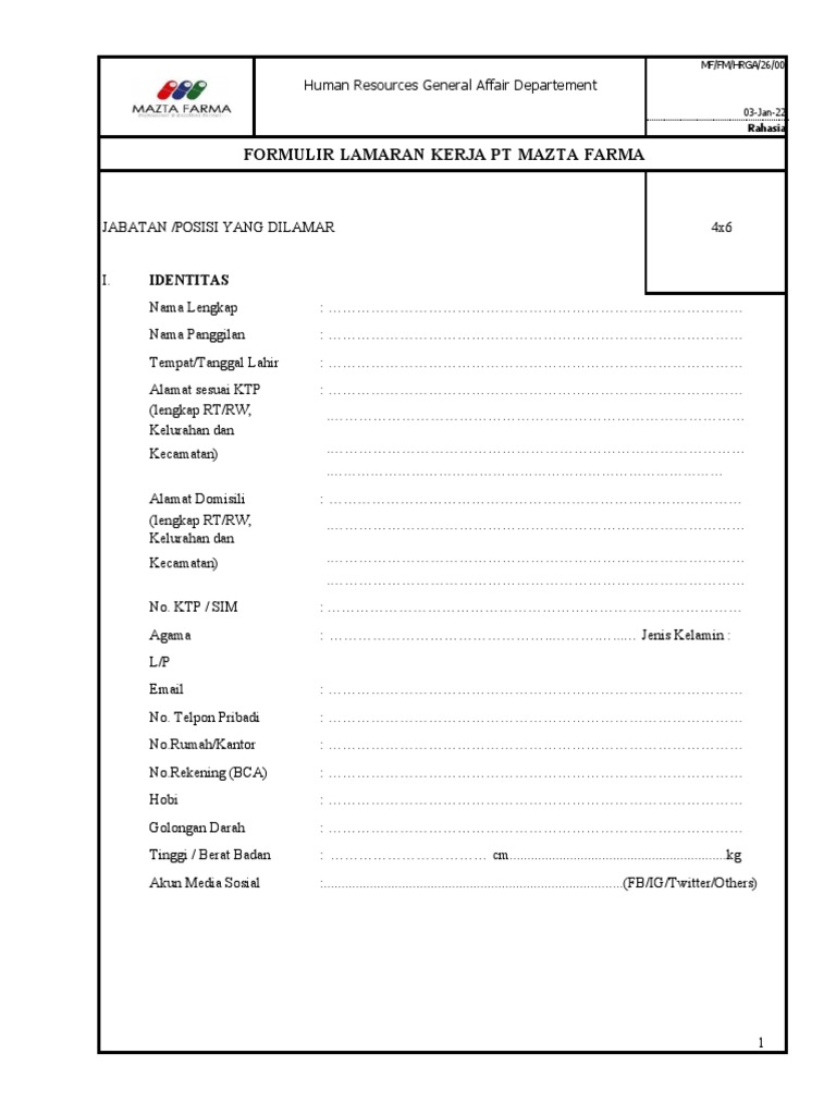 FORM LAMARAN KERJA PT MAZTA FARMA - Ok | PDF