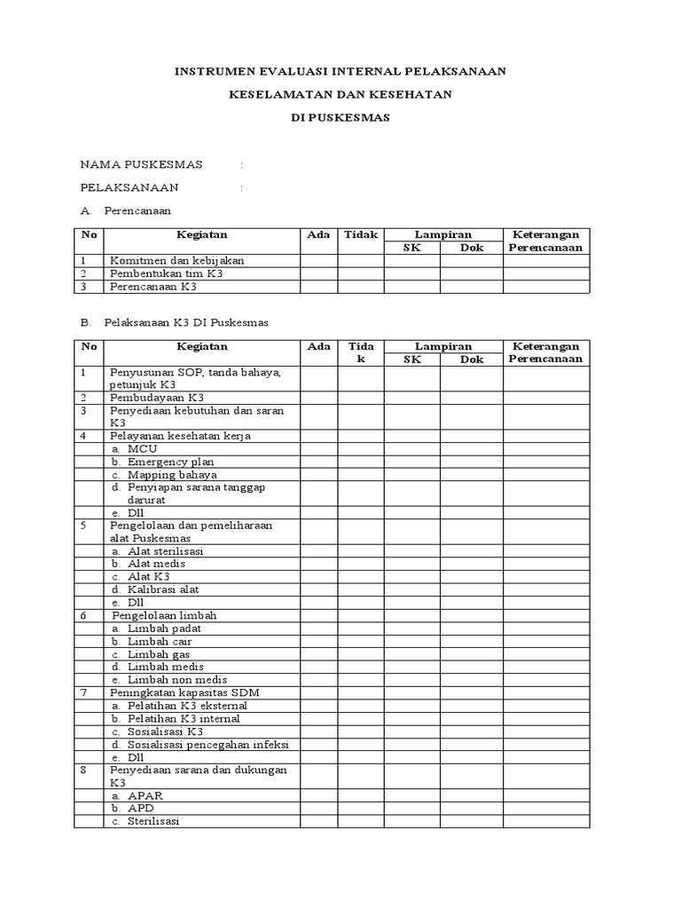 Ceklist Pembinaan K3 Di Puskesmas | PDF | Pengembangan Diri | Kesehatan Holistik