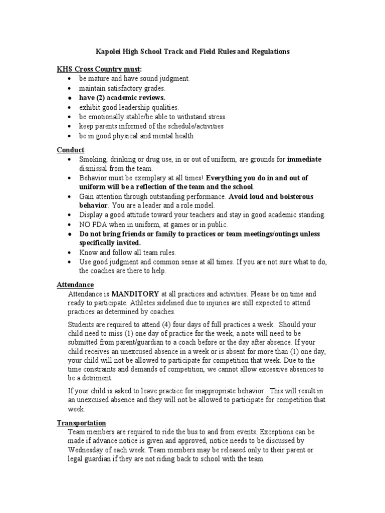 Kapolei High School Track and Field Rules and Regualtions | PDF