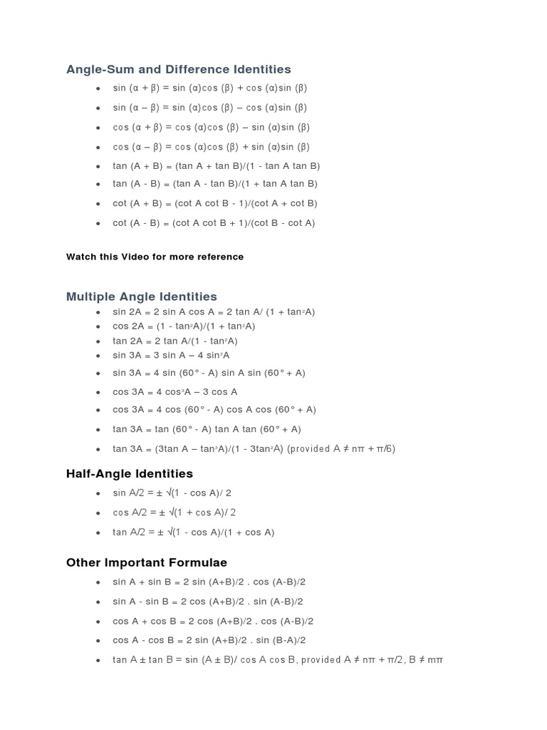 Trigonometric Identities and Formulas | PDF | Trigonometric Functions ...