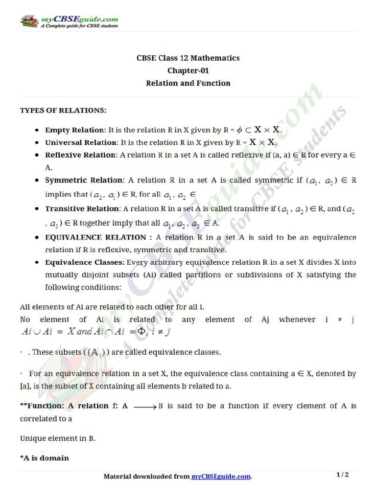12 Maths Key Notes CH 01 Relations and Functions | PDF