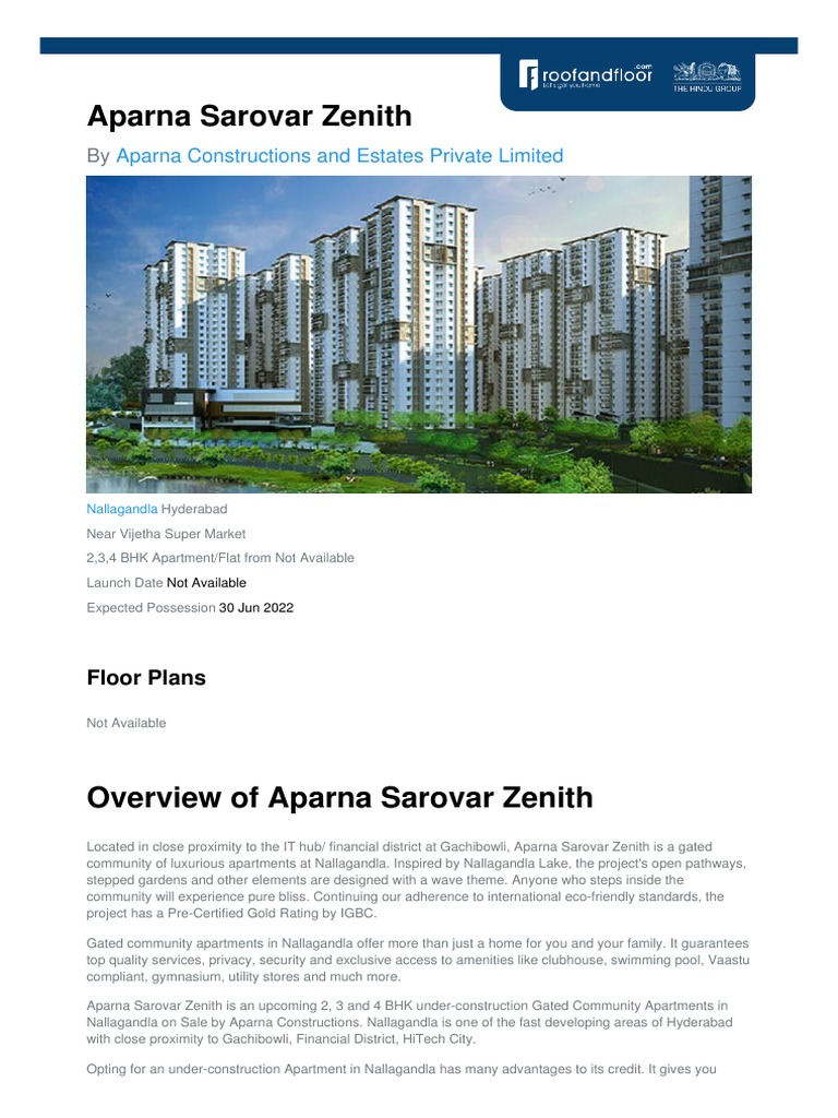 Aparna Sarovar Zenith Automated Brochure | PDF | Tile | Sink