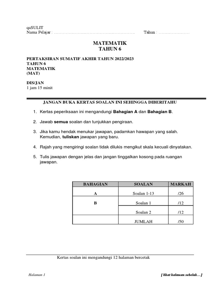 Psa Uasa Matematik Tahun 6 by Cikgu Gorgeous | PDF