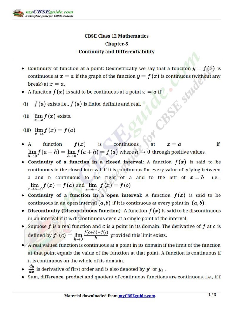 12 Maths Key Notes CH 05 Continuity and Differentiability | PDF