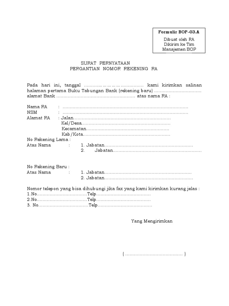 Surat Pernyataan Pergantian Nomor Rekening | PDF