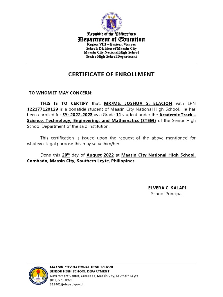 Certificate of Enrollment | PDF | Science