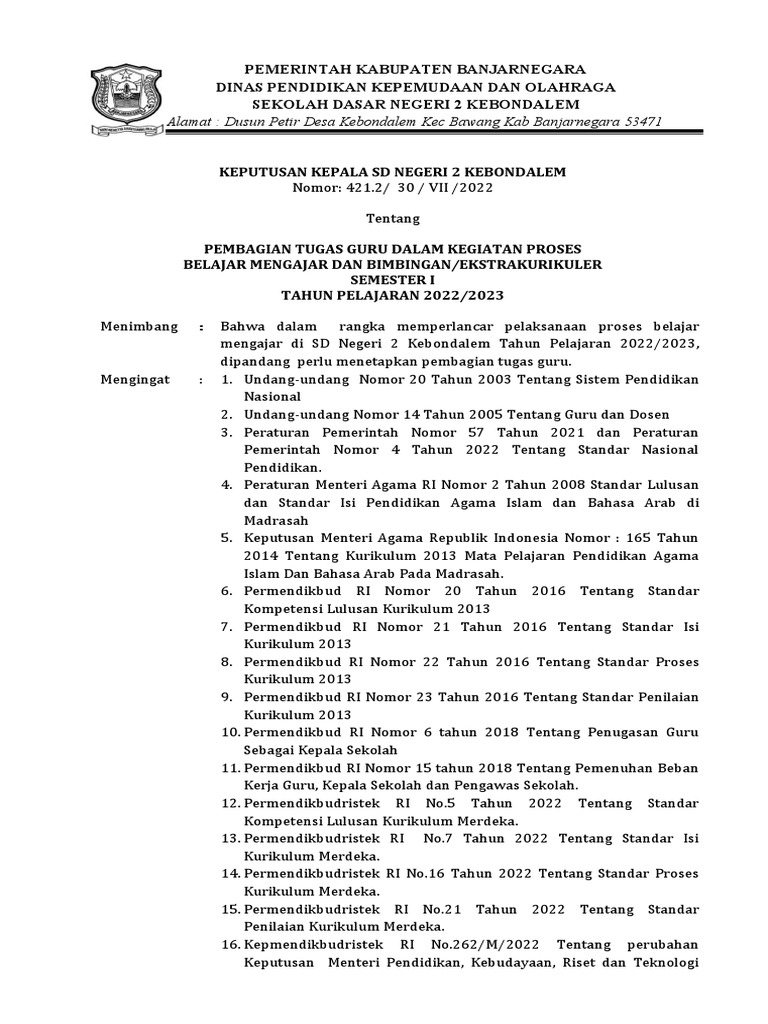 SK Pembagian Tugas Mengajar | PDF