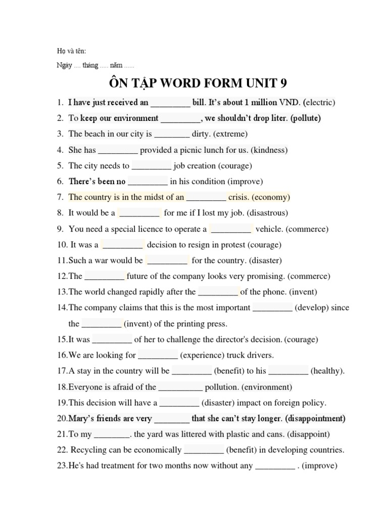 Ôn Tập Word Form Unit 9 | PDF | Economies