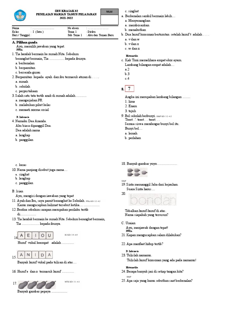 Soal Penilaian Harian Kelas 1 Tema 1 NEW | PDF
