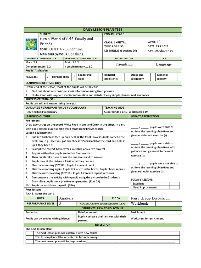World of Self, Family and Friends UNIT 4 - Lunchtime Speaking 40 ...