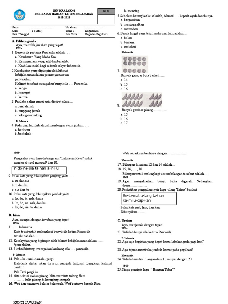 Soal Penilaian Harian Kelas 1 Tema 3 NEW | PDF