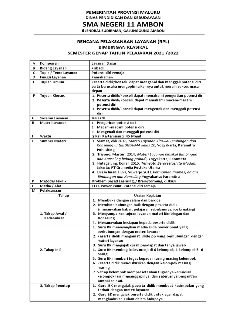 Potensi Diri Remaja: Bimbingan Klasikal SMA 11 Ambon | PDF | Karier ...