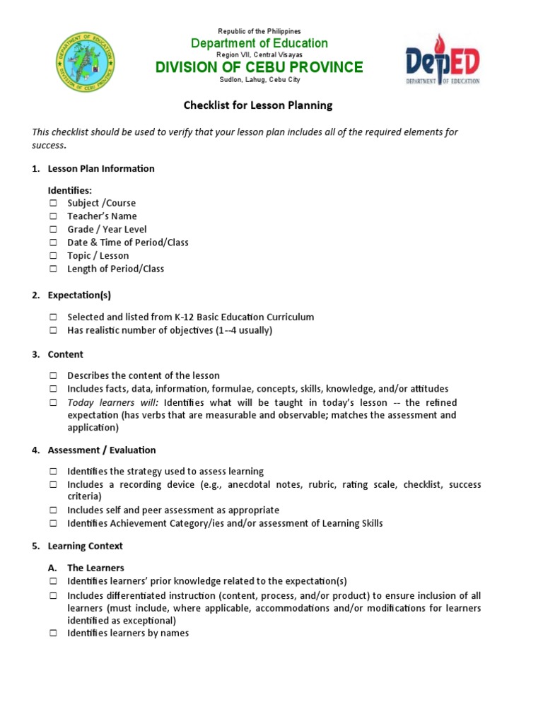 Lesson Plan Checklist for Teachers | PDF | Career & Growth