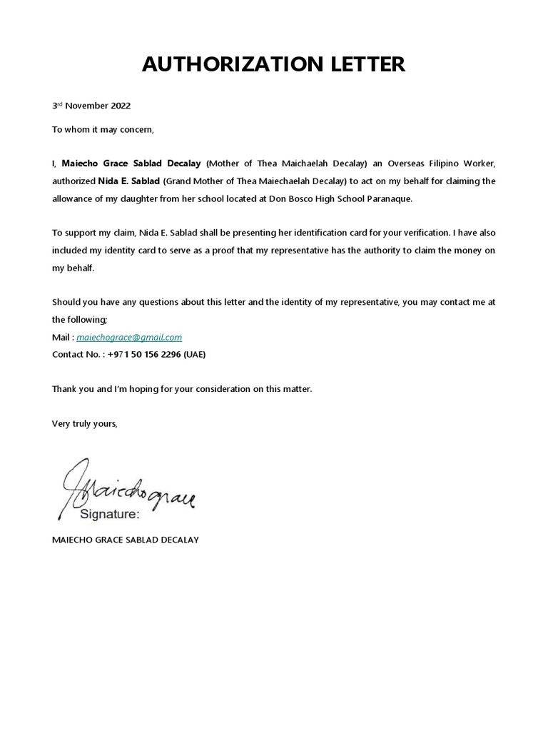 AUTHORIZATION LETTER For Aicha | PDF